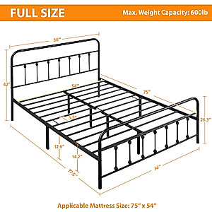 Topeakmart Full Size Victorian Style Metal Bed Frame with Headboard/Mattress Foundation/No Box Spring Needed/Under Bed Storage/Strong Slat Support Black