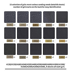 Sand Paper - 60 Pcs Sandpaper Sheets, 120 to 3000 Grit Sandpaper Assortment, Premium Wet Dry Waterproof Abrasive Variety Fine Sanding Paper for Wood Metal Plastic Glass Polishing Automotive Car Paint