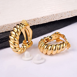 Clip on Earrings Women, 14K Gold Hoop Clip-On Earrings for Women, Hypoallergenic Non Pierced Croissant Earrings