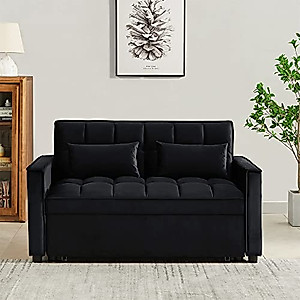 Holaki Convertible Velvet Sleeper Sofa Bed, 55.2" Velvet Loveseat Sofa Modern Pull Out Sofa Bed Lounge Chaise Armchair with Adjustable Backrest,2 Lumbar Pillows,Small Couch for Home Office(Black)