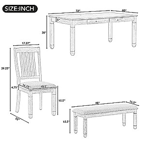 72'L Rectangular Dining Table Set for 6, Wooden Kitchen Table Set with 4 Drawers, 4 Upholstered Chairs & 1 Bench 6-Piece Retro Dining Room Table Set Kitchen Furniture Set for Family, Natural Wood Wash
