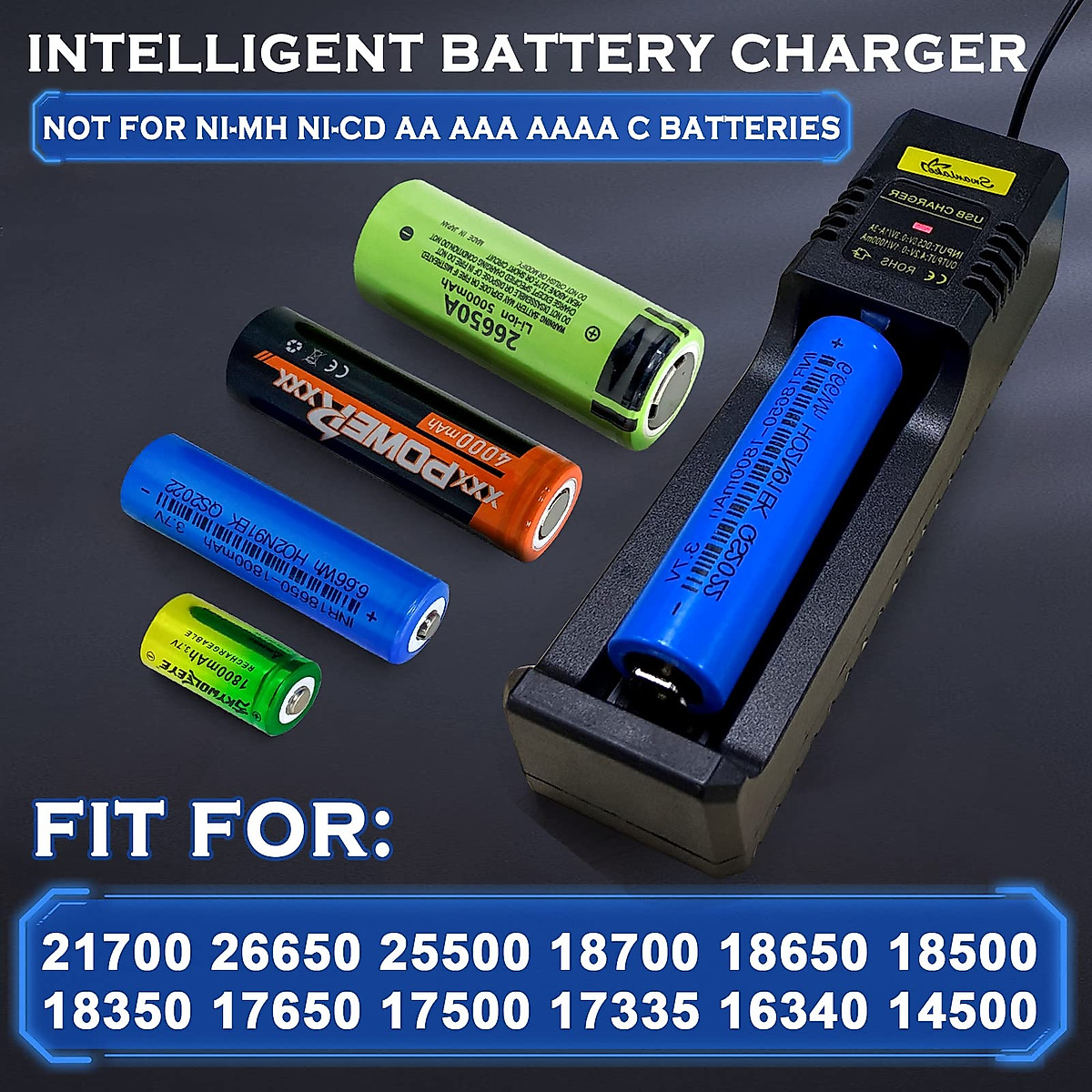 18650 Battery Charger,Single-Slot Intelligent Universal 18650 Charger for 3.7V Lithium Li-ion 18650,26650,18500,18350,16650 Rechargeable Battery (not Including Battery)