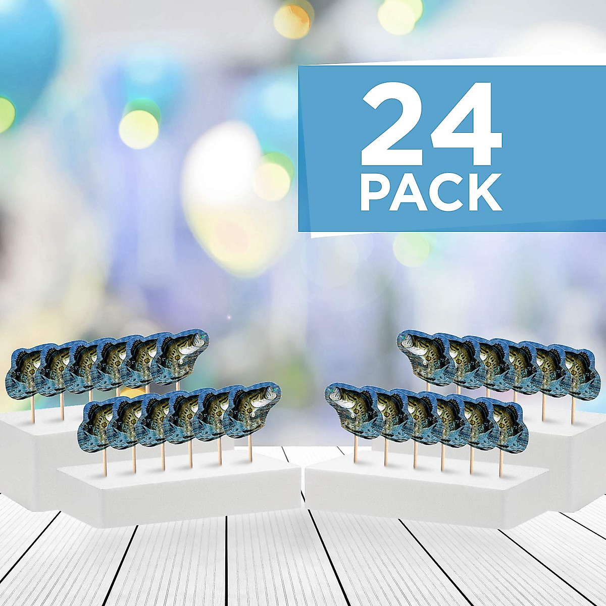 Havercamp 24 Count Bass Party Picks | Gone Fishin' Party Collection for Birthday, Retirement, Fishing Tournament