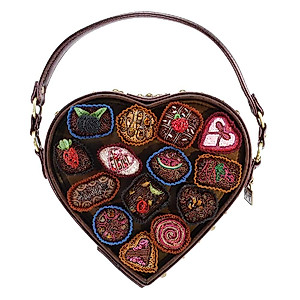 Mary Frances Temptations Embellished Heart Shaped Box of Chocolates Novelty Handbag, brown