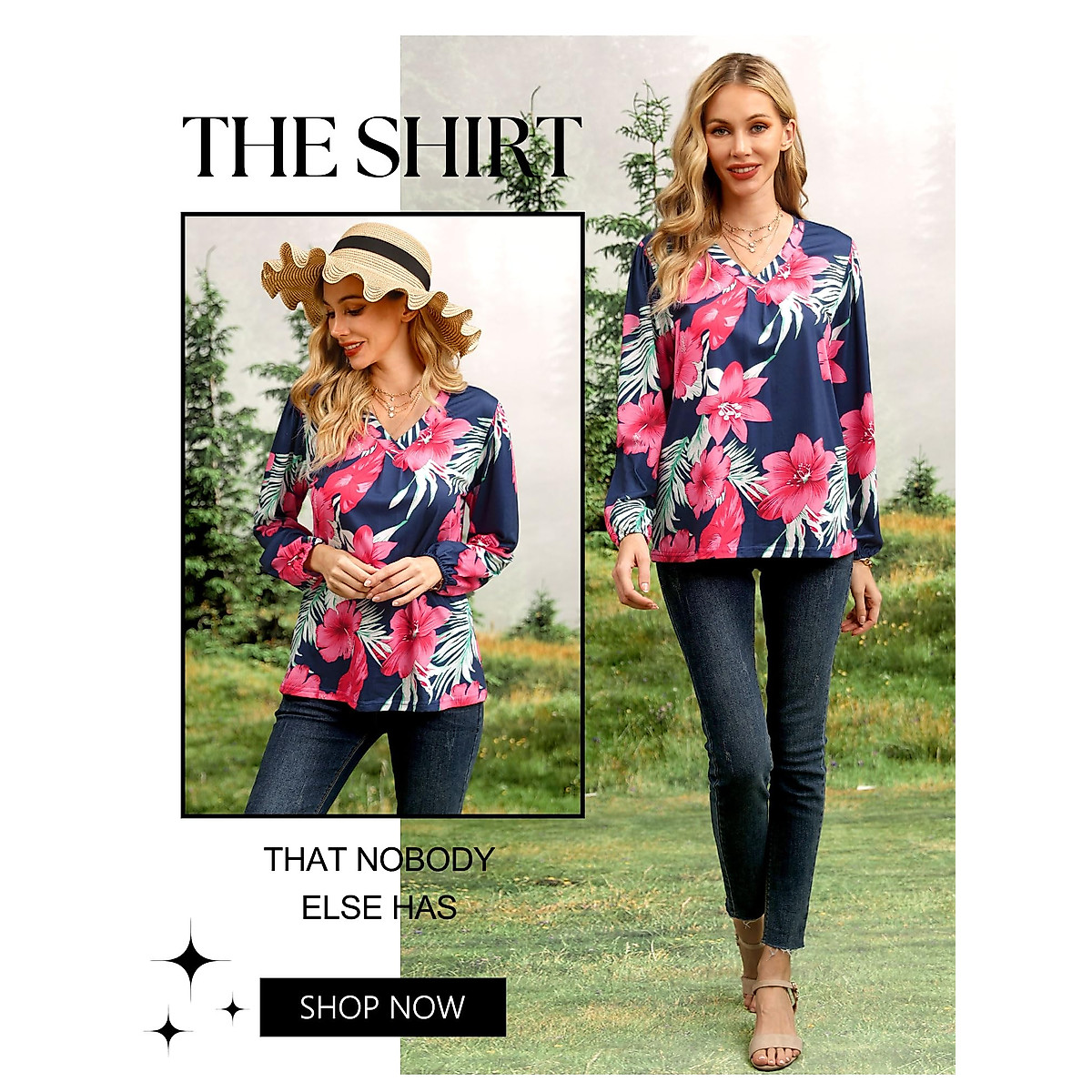 ZXZY Womens Hawaiian Shirt Vintage Leaf Floral Printed Tropical Tops V Neck Puff Long Sleeves Shirts Blue