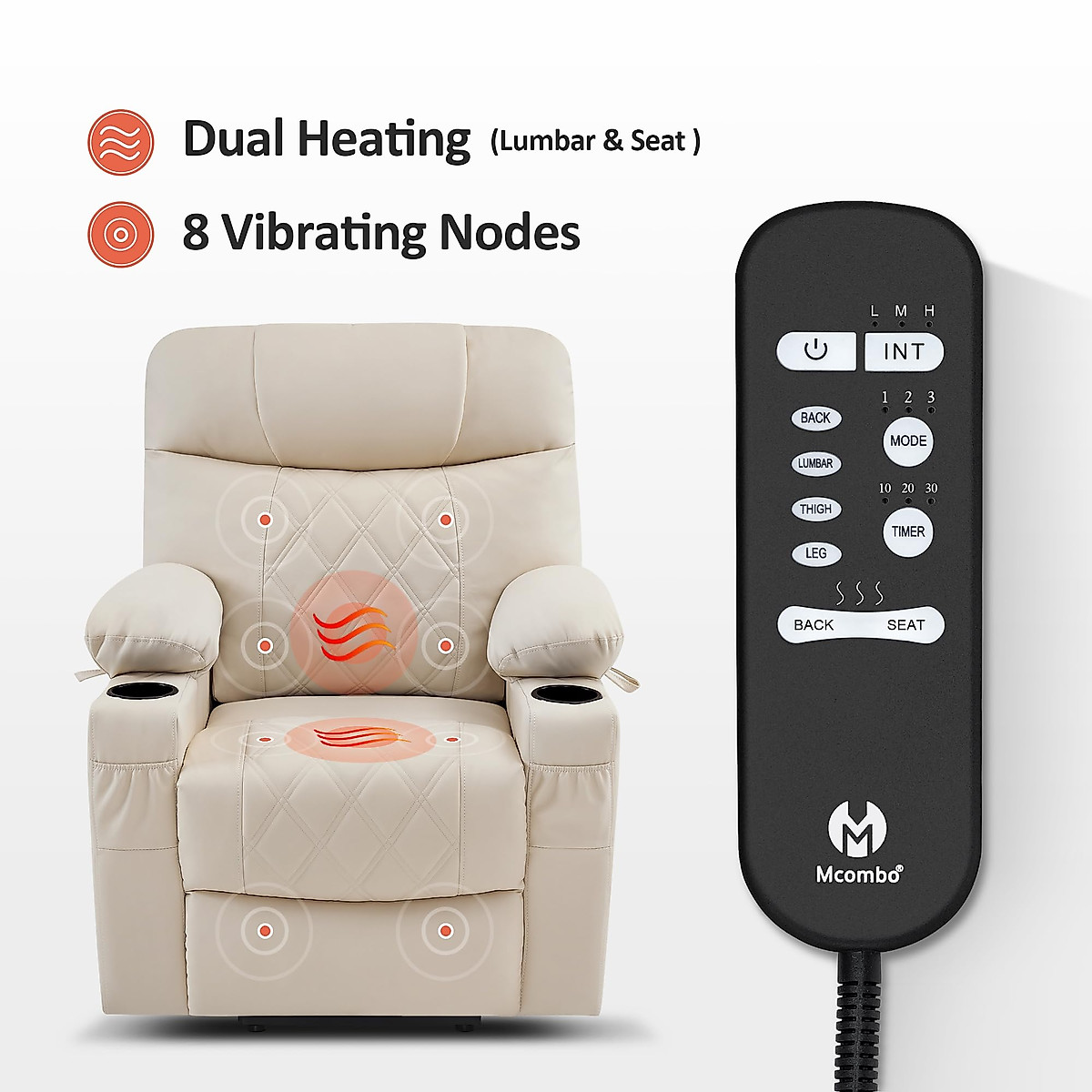 MCombo Small Power Lift Recliner Chair Sofa with Massage and Dual Heating, Adjustable Headrest for Elderly People Petite, USB Ports, Fabric 7111 (Single Motor, Cream White)