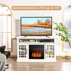 Tangkula Electric Fireplace TV Stand for TVs Up to 50 Inch, Fireplace Entertainment Center with Two Side Cabinets & Adjustable Shelves, Electric Heater with Overheat Protection, Remote Control (White)