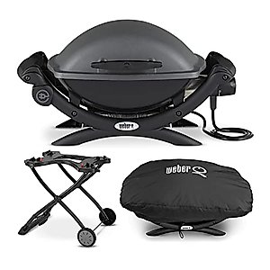 Weber Q 1400 Electric Grill (Black) with Portable Cart and Grill Cover Bundle (3 Items)