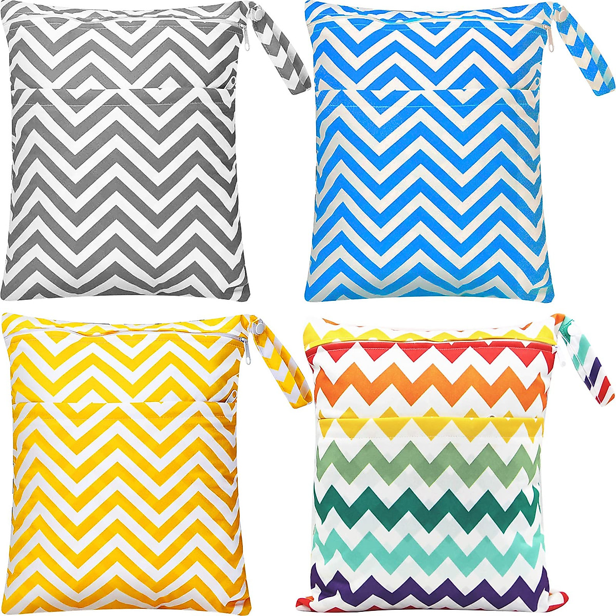 4 Pieces Wet Dry Bag Cloth Diaper with Two Zippered Pockets Waterproof ReusableW Travel Beach Pool Daycare Soiled Baby Items Yoga Gym（12in x 14.5in）, Gray,Blue,Yellow and Rainbow, KKBB1001