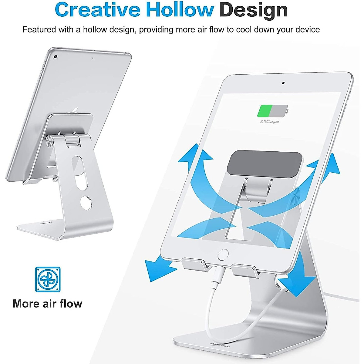OMOTON Adjustable Tablet Stand for Desk, Upgraded Longer Arms for Greater Stability, T2 Tablet Holder with Hollow Design for Bigger Sized Phones and Tablets Such as iPad Pro/Air/Mini, Silver