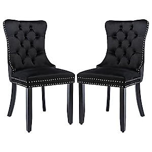 GEEVIVO Velvet Dining Chairs Set of 2, Upholstered Tufted Dining Room Chairs with Nailhead Button Back and Ring Pull Trim, Solid Wood Legs Side Dining Chairs for Dining Room/Kitchen/Restaurant, Black