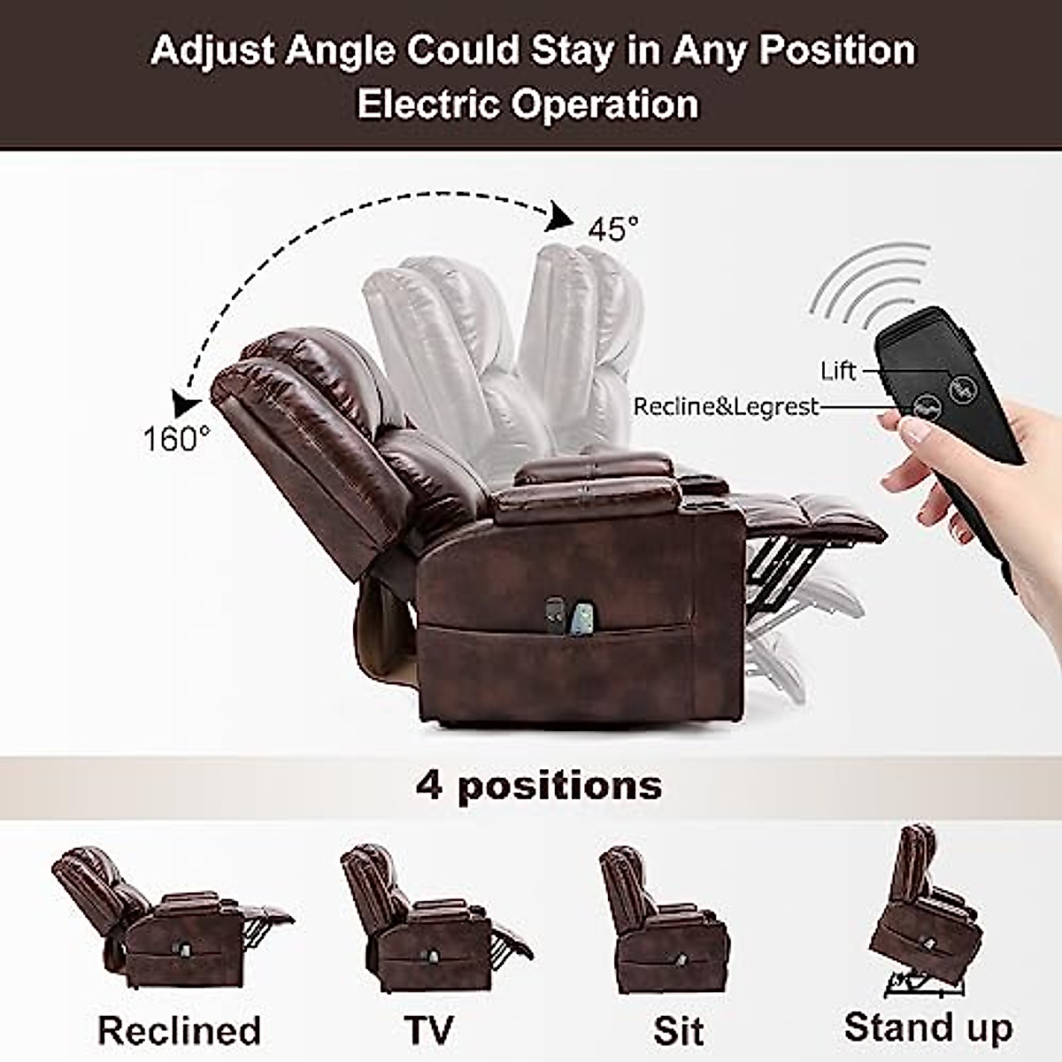 COMHOMA Power Lift Recliner Chairs for Elderly Big Heated Massage Recliner Sofa PU Leather with Infinite Position 2 Side Pockets and Cup Holders (Brown)