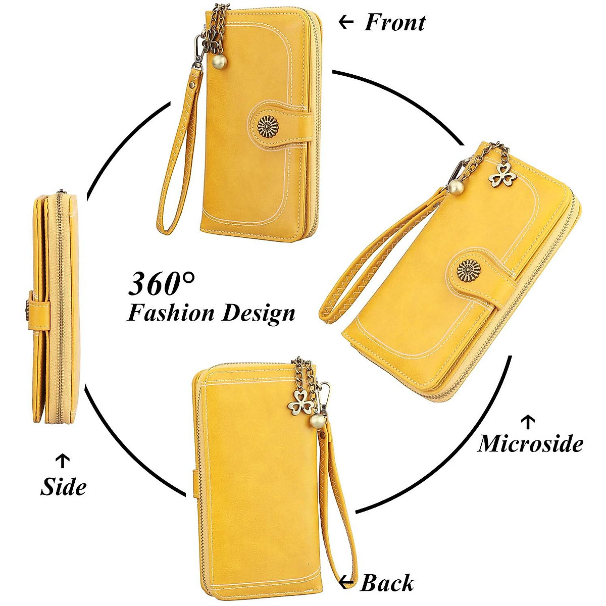 Coolstar Wallets for Women & Men PU Leather Clutch Wallet with Credit Card Holders Wristlet Phone Checkbook Organizer Large (Yellow with Sunflower Snap), Sunflower Snap + Yellow