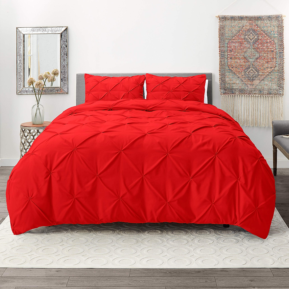 Good Night Bedding Duvet Cover Set - Pinch Pleated 3 Piece Duvet Cover Set 100% Cotton 800 Thread Count with Zipper & Corner Ties Tuffed Pattern Pintuck Decorative (King/Cal King, Red) Duvet Set