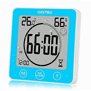 GXSTWU Digital Timer Shower Clock Waterproof【Waterproof for Water Spray】 with Alarm, Bathroom Kitchen Wall Clock, Touch Screen Timer, Thermometer Hygrometer Suction Cup Hanging Hole Stand Magnet Blue