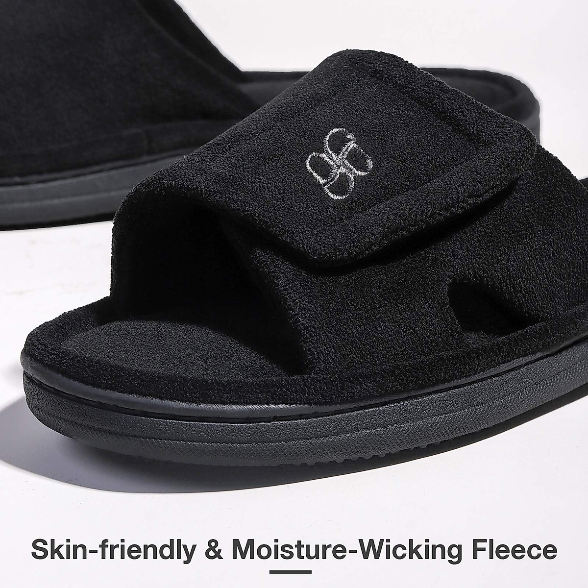 HomeTop Men's Comfortable Coral Velvet Memory Foam Open Toe Slipper Summer Indoor Outdoor Anti-Skid House Shoes with Adjustable Hoop and Loop(11-12, Black)