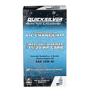 Quicksilver 25W-40 Oil Change Kit for 4-stroke 15hp and 20hp Mercury outboards.