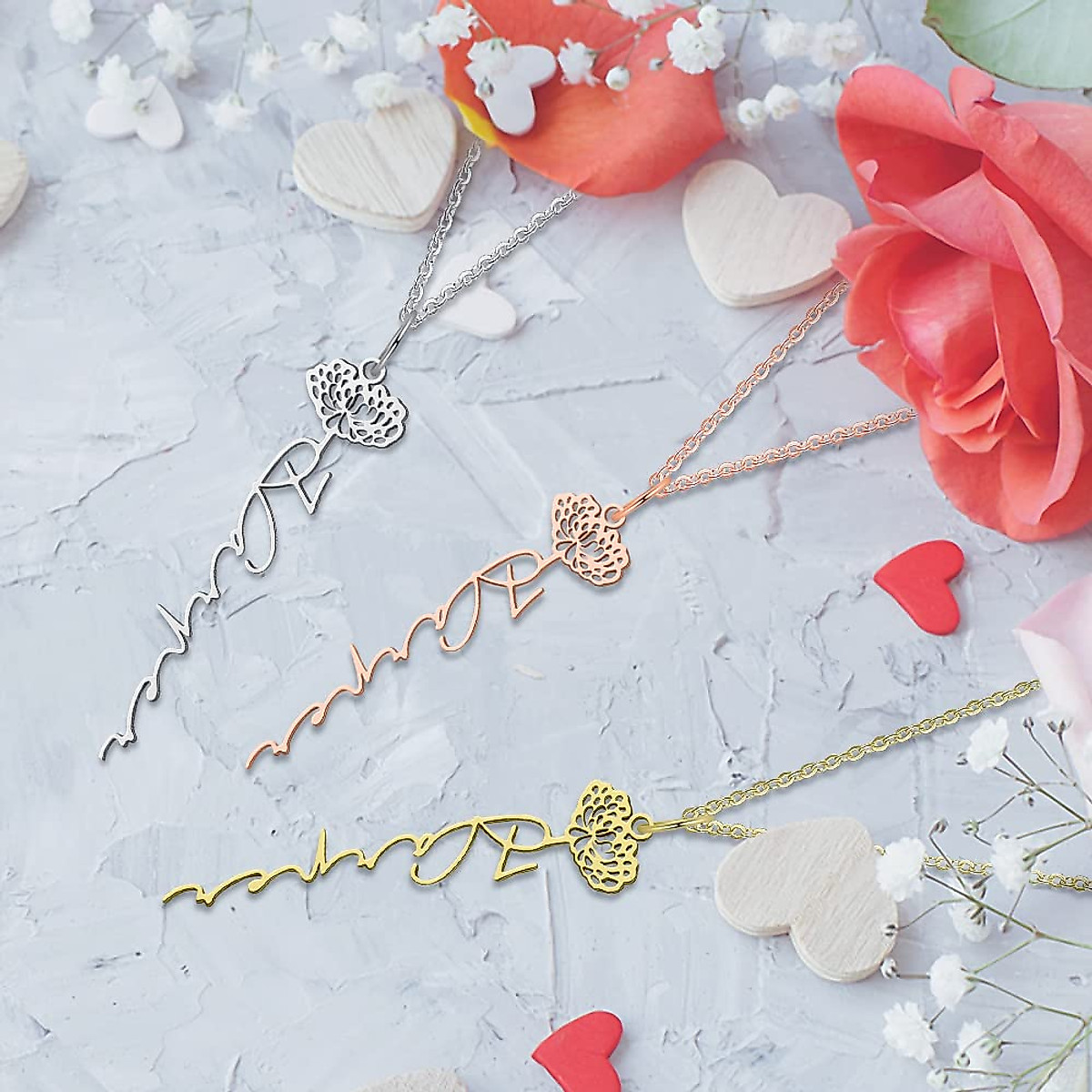 ALBERTBAND Birth Flower Name Necklace Custom Any Name Necklace for Women Birth Month Flower Necklace for Her Birth Flower Jewelry for Girlfriend Women Wife (Silver)