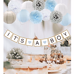 Baby Shower Decorations Boy (Blue, White, Grey)- It's A Boy Banner, Tissue Paper Poms, Paper Lanterns and Tassels Garland- Baby Boy Gender Reveal Birthday Party Decorations