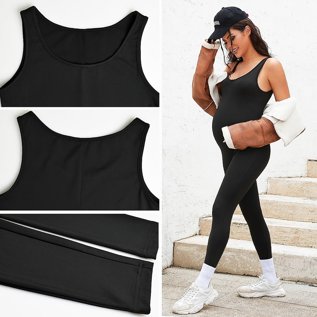 Bhome Maternity Jumpsuits Sleeveless Romper Pregnant Bodysuit One-piece Leggings Activewear Black L