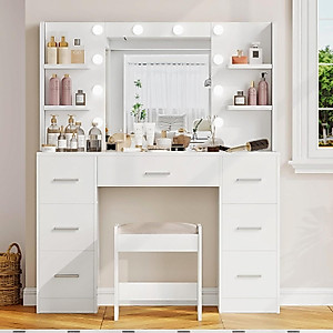 Irontar Vanity Table with Stool, Vanity Desk with 10 LED Lights & 7 Metal Sliding Drawers, Brightness Adjustable, Makeup Vanity with Open Shelves, Dressing Table Set for Women, White WDT005WD