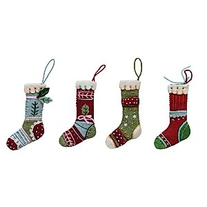 Creative Co-Op Handmade Wool Felt Stocking Ornament with Beads and Embroidery, Multicolor, Set of 4 Styles