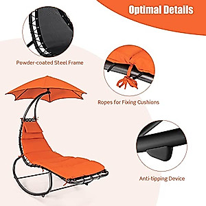 Tangkula Hanging Chaise Lounge Chair, Rocking Hammock Swing Chair with Cushion, Built-in Pillow, Removable Canopy, Outdoor Hanging Curved Chaise Lounger for Poolside, Backyard, Garden (Orange)
