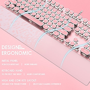Basaltech Typewriter Keyboard and Mouse Combo, Pink Gaming Keyboard with White LED Backlight, Round Keys Blue Switch Mechanical Keyboard with Magnetic Removable Wrist Rest for Game and Office