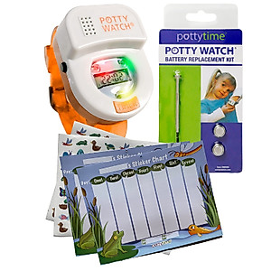 Potty Time:The Original Potty Watch|Water Resistant,Toilet Training Aid,Warranty(30|60|90 Min Auto Timers w/Music & Flashing Lights for Fun & Gentle Reminders) Orange, Pond Sticker Chart+Battery Kit