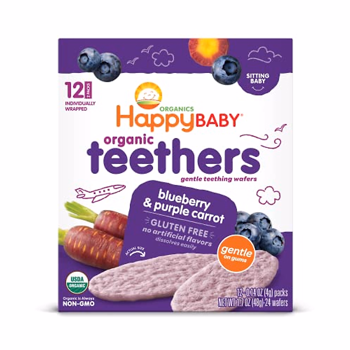 Happy Baby Organics Teether, Blueberry & Purple Carrot, 12 Count (Pack of 6)