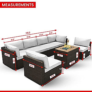 MODENZI Patio Furniture Outdoor Sectional with Propane Fire Pit Table and Ice Wine Bucket Espresso Brown Wicker Resin Sofa Set (Light Beige with Ice Bucket)