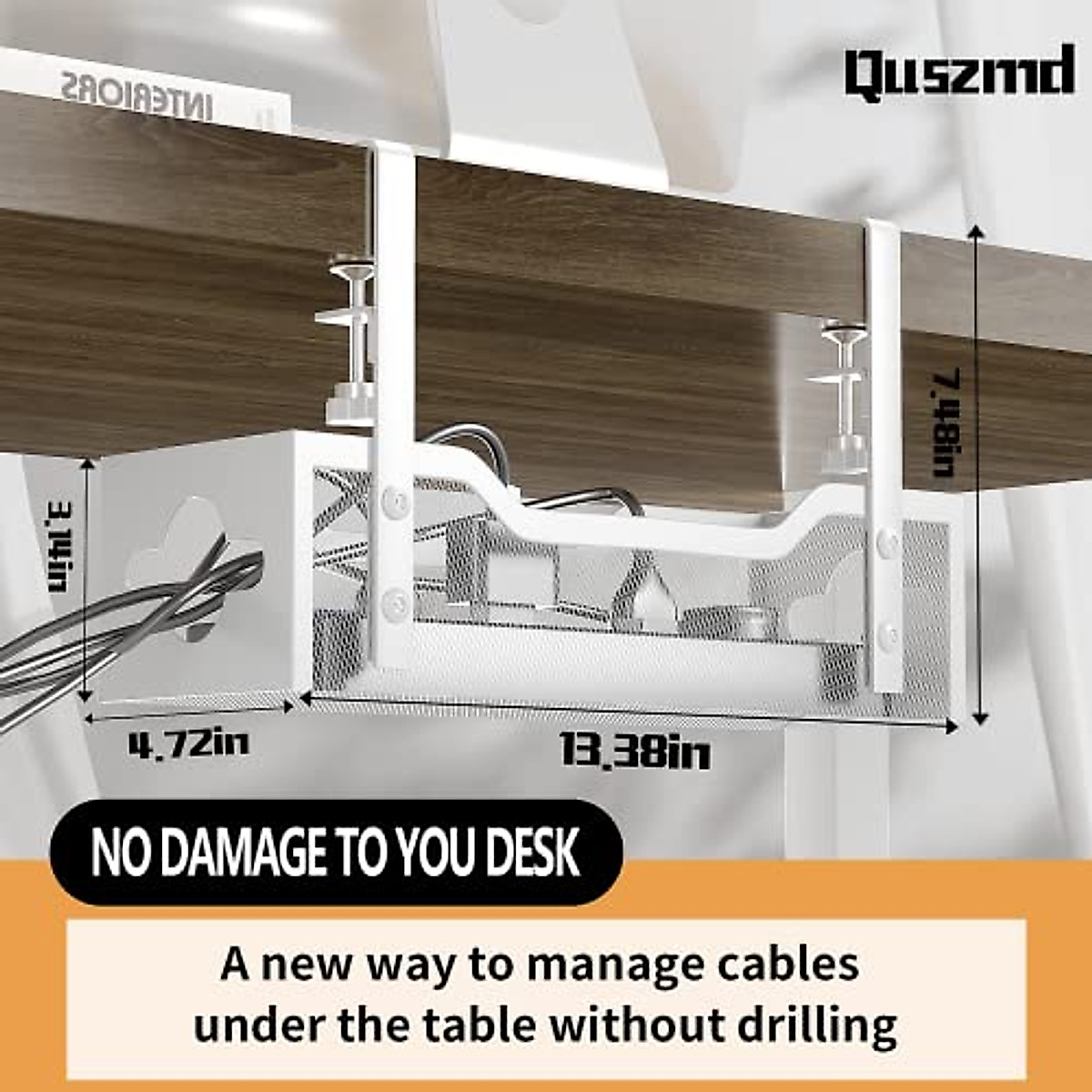 Under Desk Cable Management Tray, No Damage to Desk，Standing Desk Cable Organizer, Quszmd Under Desk Cord Organizer，Under Desk Wire Management Tray - Easy to Install
