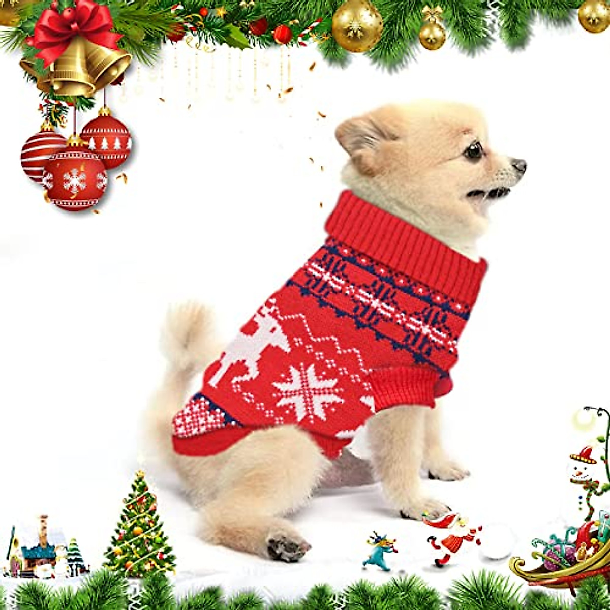 Cnarery Christmas Dog Sweaters, Elk Reindeer Deer Pattern Warm Pet Sweater, Cute Deer Knitted Classic Dog Sweater for Autumn and Winter Cold Weather Puppy Clothes(Red)