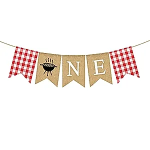 Pudodo Jute Burlap BBQ Themed One High Chair Banner with Grill Barbecue 1st Birthday Party Garland Decoration