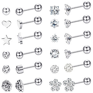 LOYALLOOK 12 Pairs Stainless Steel Ball Stud Earrings Barbell Cartilage Helix Ear Piercing 3-6mm 2 Colors (18G 12 Pairs Silver Tone 4mm)