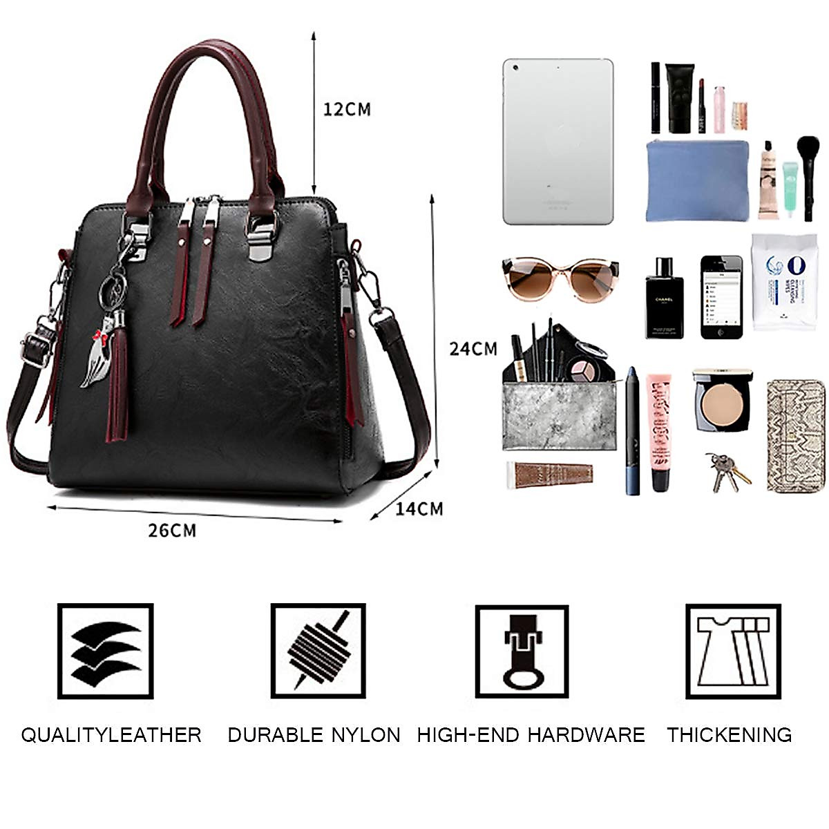 Dayfine Women Handbags PU Long Strap Shoulder Bag Ladies Tote Bag Cross-body Bags Purse Messenger Bags-Black