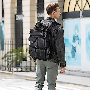 Masa Kawa Black Leather Backpack for Men 15.6 Inch Laptop Bag Multi Pockets Rucksack Casual Business Work Travel Daypack