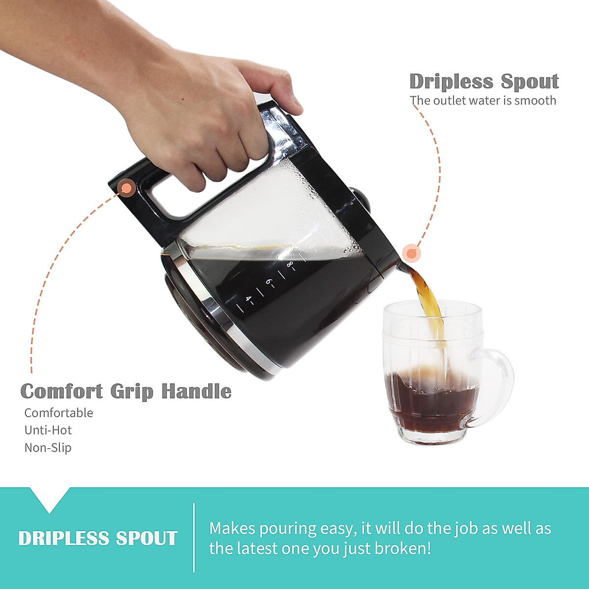 Glass Replacement Coffee Carafe Compatible with Cuisinart Coffee Maker Models DCC-2200, DCC-2600, DCC-2800, DCC-3200, and DCC-3200P1, Coffee Pot Decanter Pitcher, Black Handle