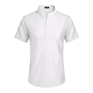 COOFANDY Men's Cotton Linen Henley Shirt Short Sleeve Hippie Casual Beach T Shirts with Pocket