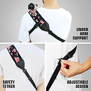 USA GEAR Camera Sling Shoulder Strap with Adjustable Neoprene, Safety Tether, Accessory Pocket, Quick Release Buckle - Compatible with Canon, Nikon, Sony and More DSLR and Mirrorless Cameras (Floral)