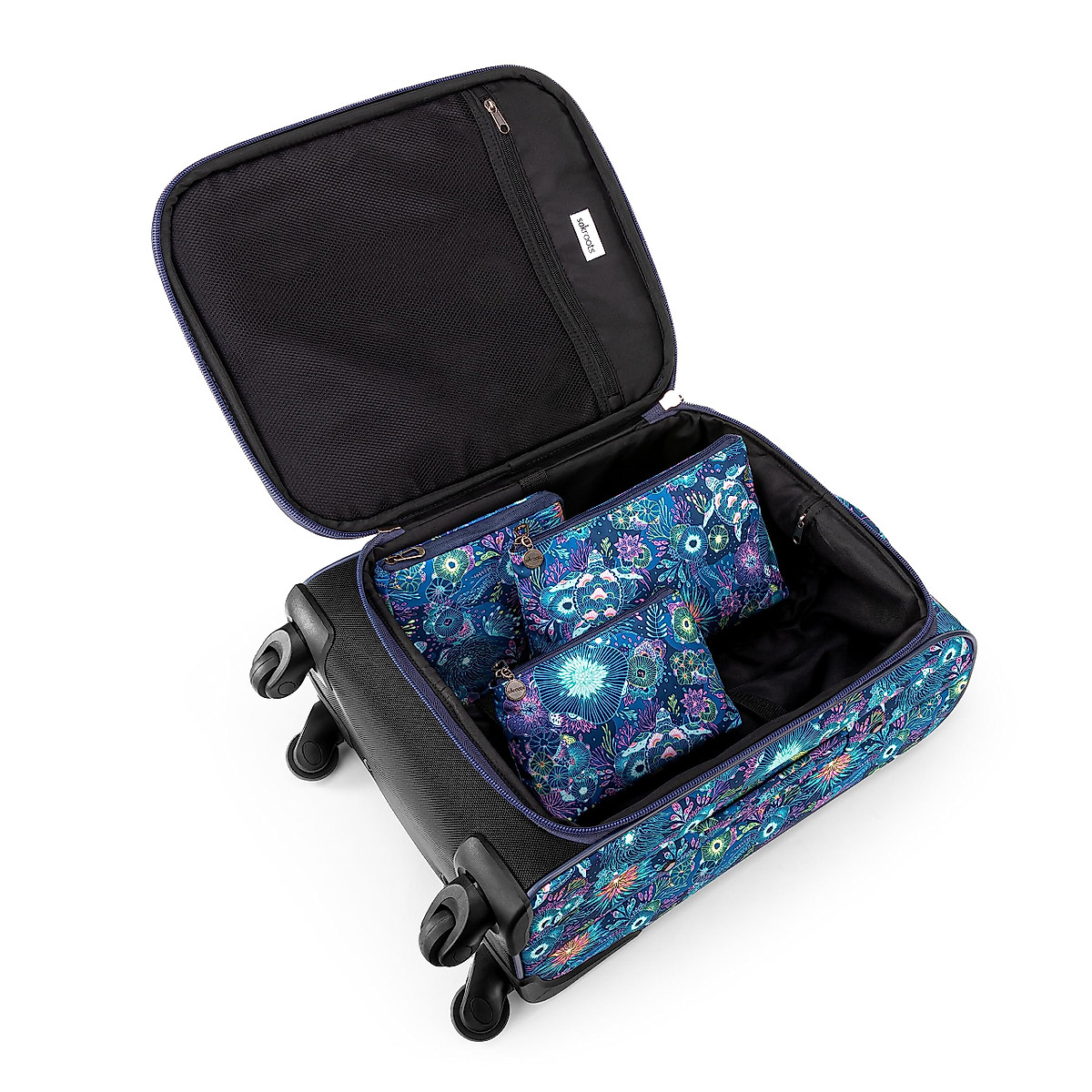 Sakroots On the Go 4 Piece Travel Bundle, Includes 21" Rolling Suitcase, Packable Large Tote, Medium & Small Pouches, Royal Blue Seascape