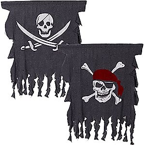 2 Pieces Halloween Pirate Flag 3 x 2.5 Feet Jolly Roger Flag Weathered Pirate Flag Retro Pirate Creepy Ragged Flag Skull Bones Pirate Banner for Halloween Decorations, Pirate Party, Kids Room Decor