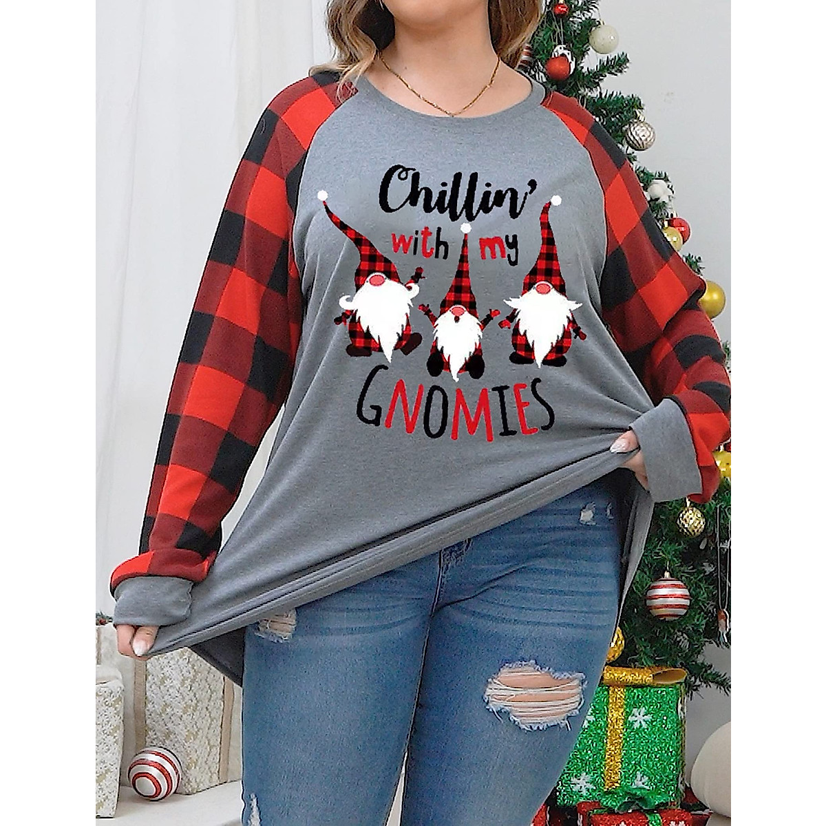 SECETKET Gnome Christmas Shirts for Women Plus Size Christmas Shirt Buffalo Plaid Long Sleeve Tee Holiday Xmas Tops(P5,XL)