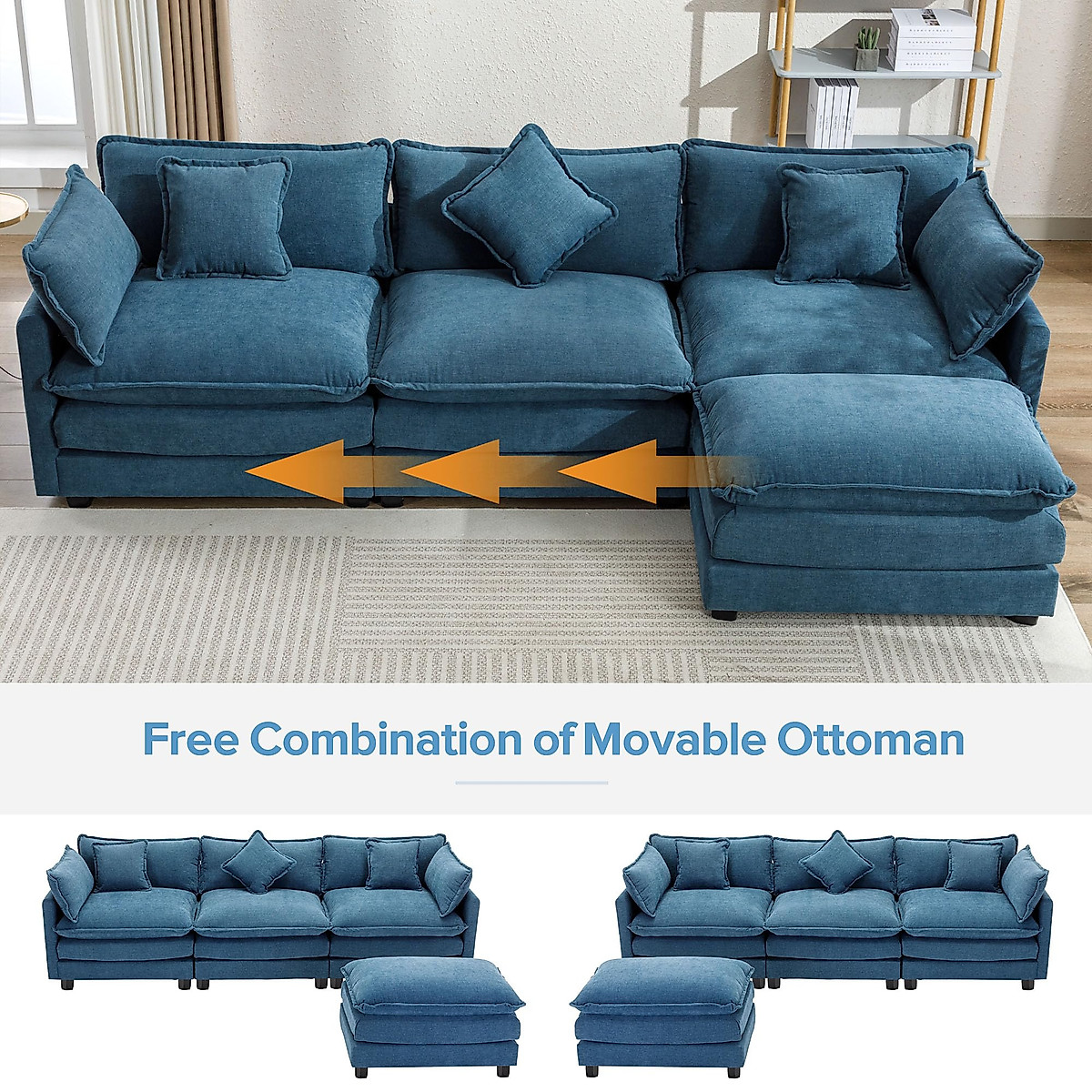 mikibama Modular Sectional Sofa, 112" L Shaped Sofa Set for Living Room, 3-Seater Comfy Upholstered Cloud Couches with Movable Ottoman, 5 Pillows, DIY Combination, Chenille, Blue
