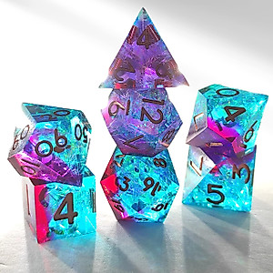 FOXBITE Sharp Dice 7 DND Dice Sets Polyhedral Teal Swirl Black with Sequins Inside with Gorgeous Box Case for DND Dungeons and Dragons (Teal Swirl Black with Sequins) (Fairies)