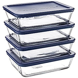 Anchor Hocking 6-Cup Rectangular Food Storage Containers with Blue Plastic Lids, Pack of 4