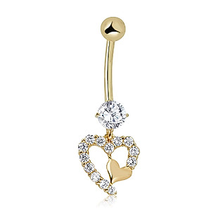 AVORA 10K Yellow Gold Simulated Diamond CZ Dangling Double Heart Belly Button Ring Body Jewelry (14 Gauge)