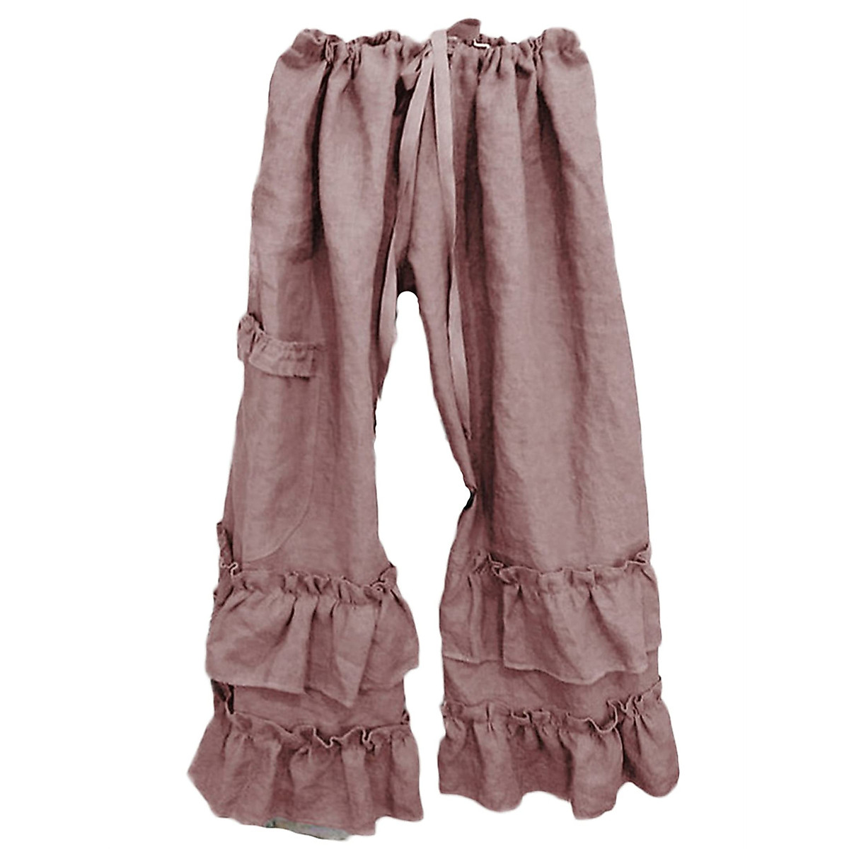 Womens Casual Ruffled Loose Pocket Pants Plus Size Cotton Linen Folds Pants Wide Leg Solid Color Hem Elastic Waisted Trousers (Pink,Large)
