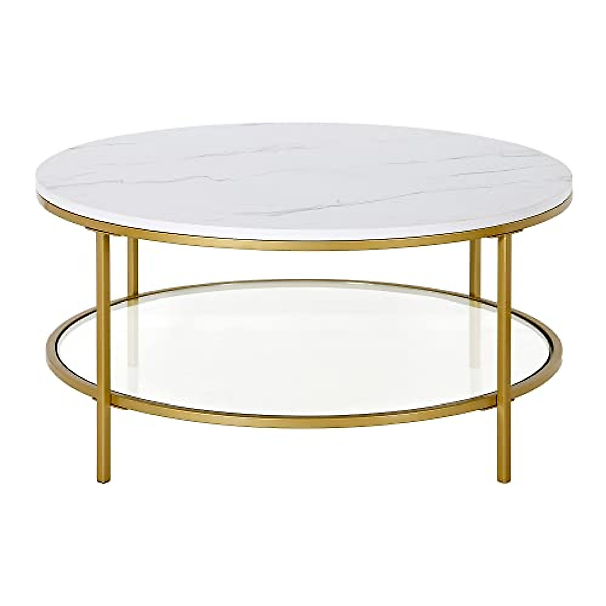 Henn&Hart 36" Wide Round Round Coffee Table with Faux Marble Top in Gold, Modern Round Coffee Tables for living room, studio apartment essentials