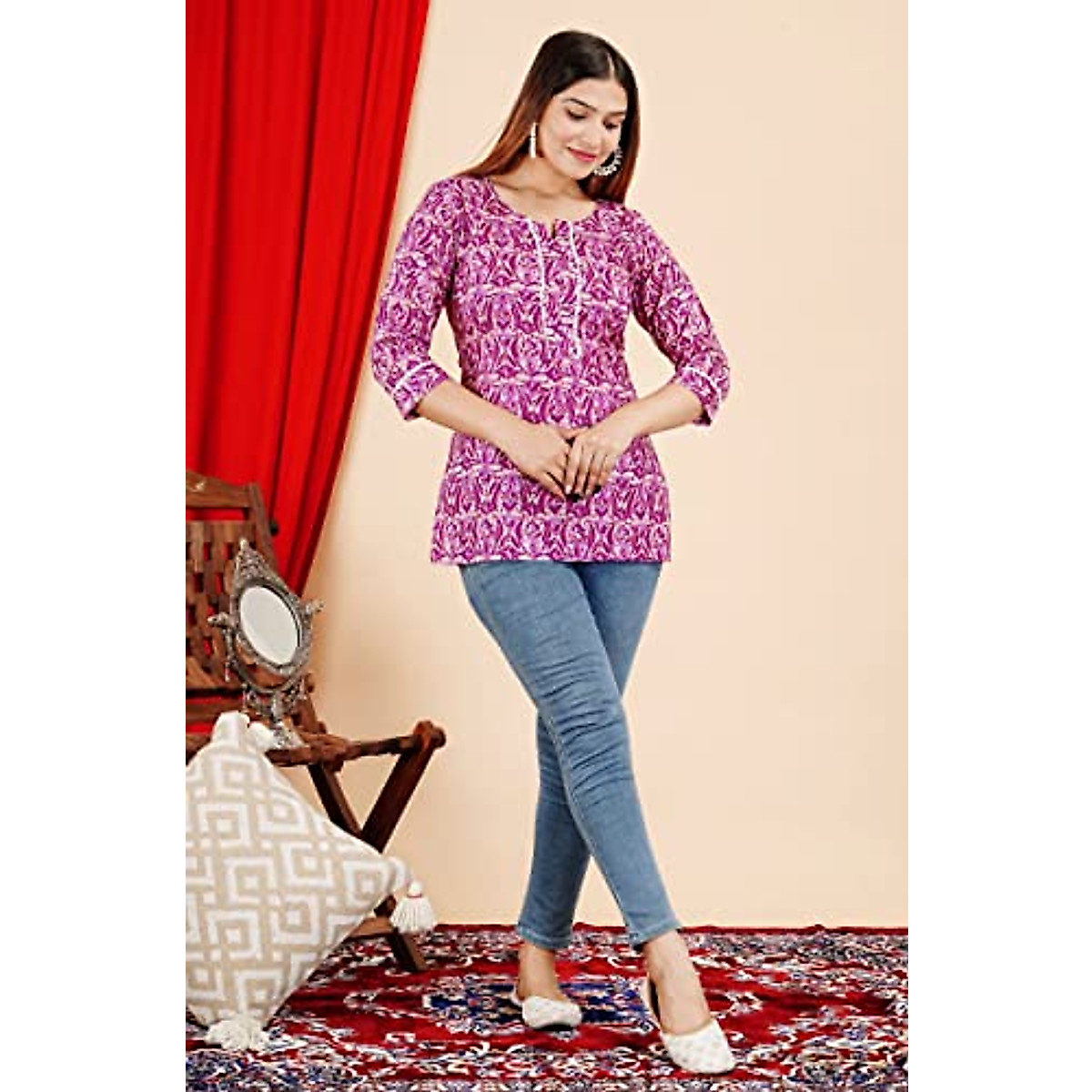 COTTON HTHRANG Women's Tunics Tops, Printed Short Kurtis for Jeans Indian Style Cotton Casual Kurta for Women Purple
